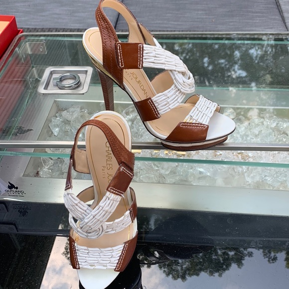 Shoes | Charles Jourdan Paris White Brown And Metallic Gold Heel | Poshmark